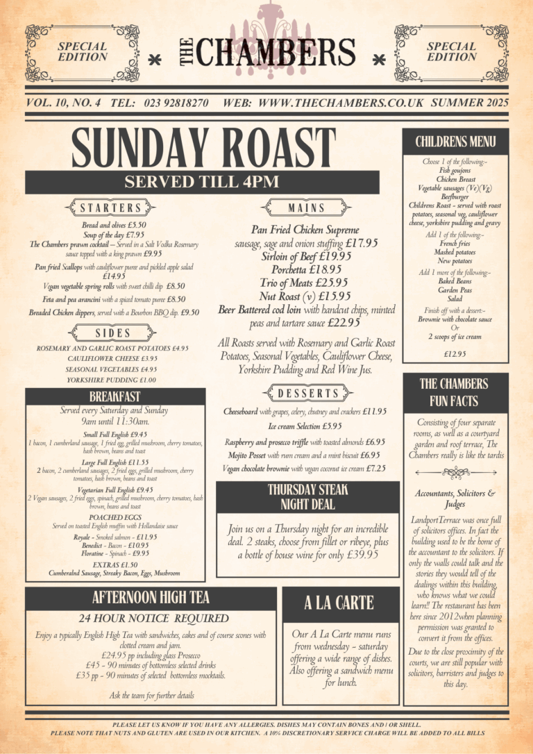 Menus - Chambers Restaurant - Southsea, Portsmouth